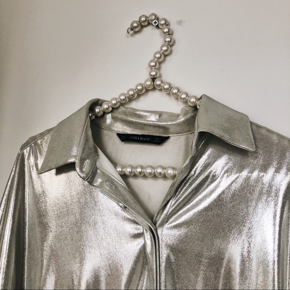 Zara | Tops | Silver Metallic Blouse | Poshmark